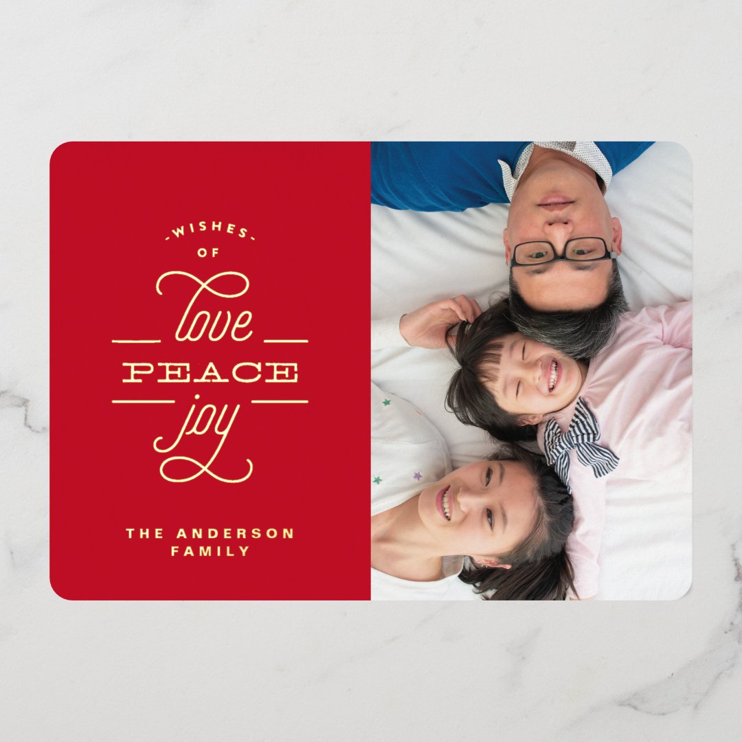 Gold Red LOVE PEACE JOY Greeting Photo Foil Holiday Card | Zazzle