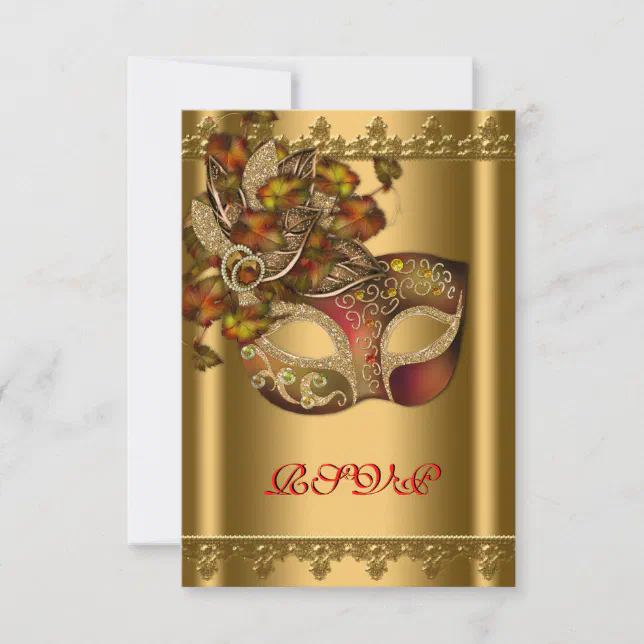 Gold Red Mask Gold Red Masquerade Party RSVP | Zazzle