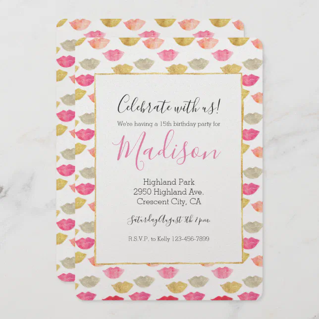 Gold Red Pink Watercolor Lips Invitation | Zazzle