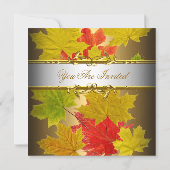 Gold Red White Autumn Leaves Elegant Party Invitation | Zazzle