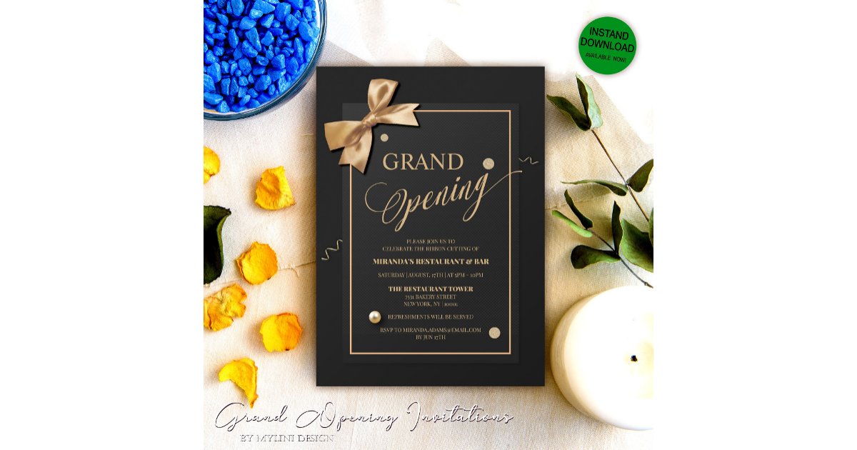 Gold Ribbon Black Grand Opening - Store Opening Invitation | Zazzle