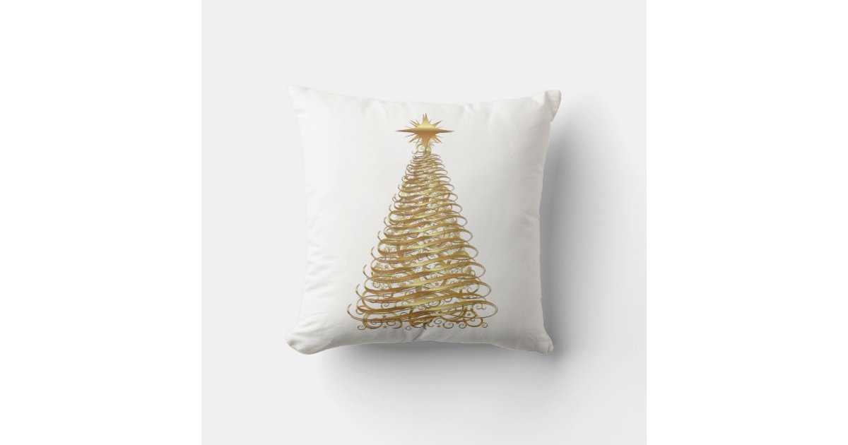 Gold ribbon christmas tree throw pillow | Zazzle