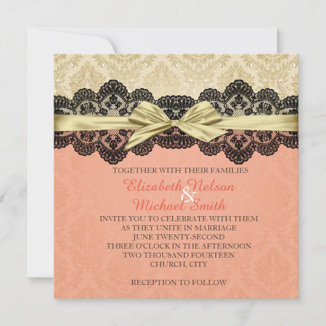 Gold Ribbon Damask Lace Coral Wedding Invite | Zazzle