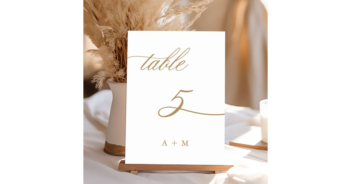 Gold Romantic Calligraphy Wedding Number 5, Table Number | Zazzle