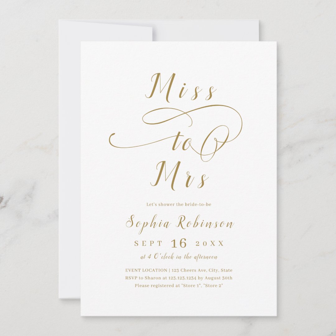 Gold romantic Miss to Mrs script bridal shower Invitation | Zazzle