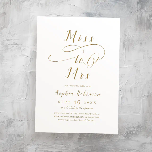 Gold romantic Miss to Mrs script bridal shower Invitation | Zazzle