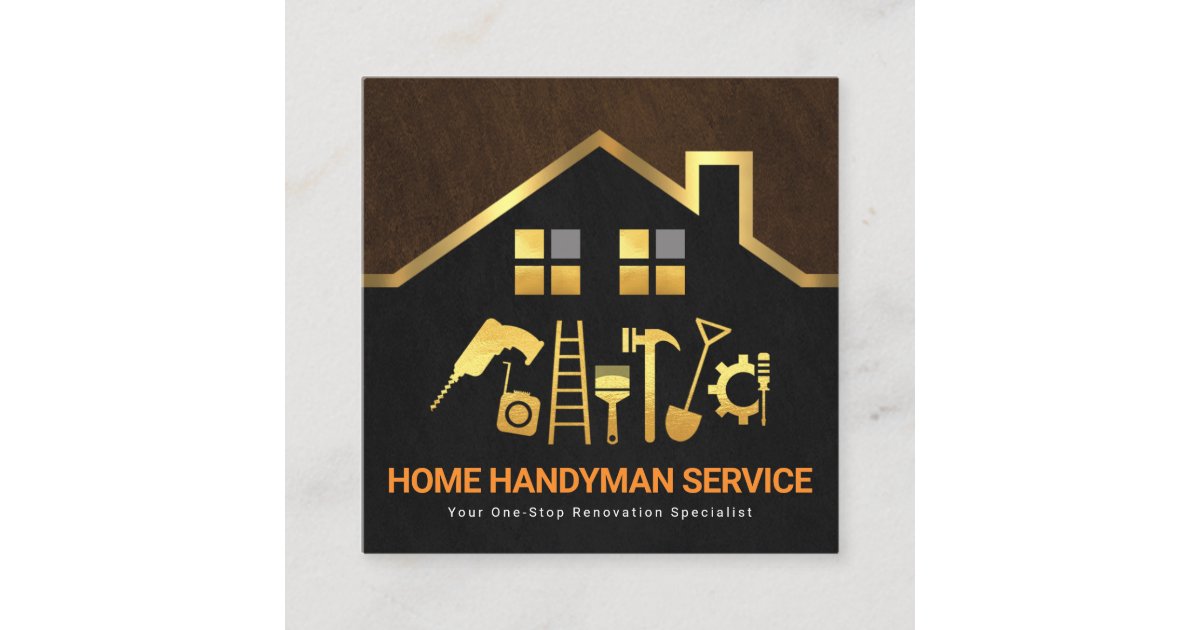 Gold Rooftop Handyman Tools Border Square Business Card | Zazzle