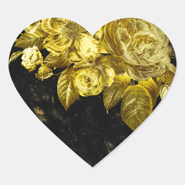Gold roses and black marble heart sticker | Zazzle
