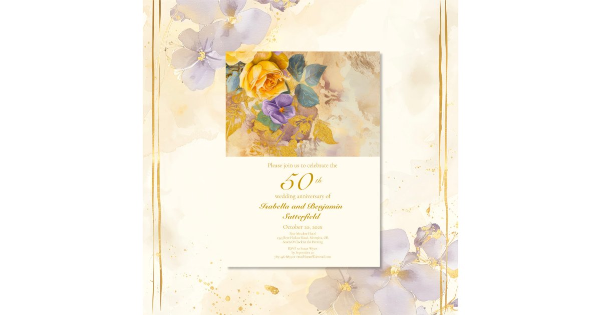 Gold Roses and Violets 50th Wedding Anniversary Invitation | Zazzle