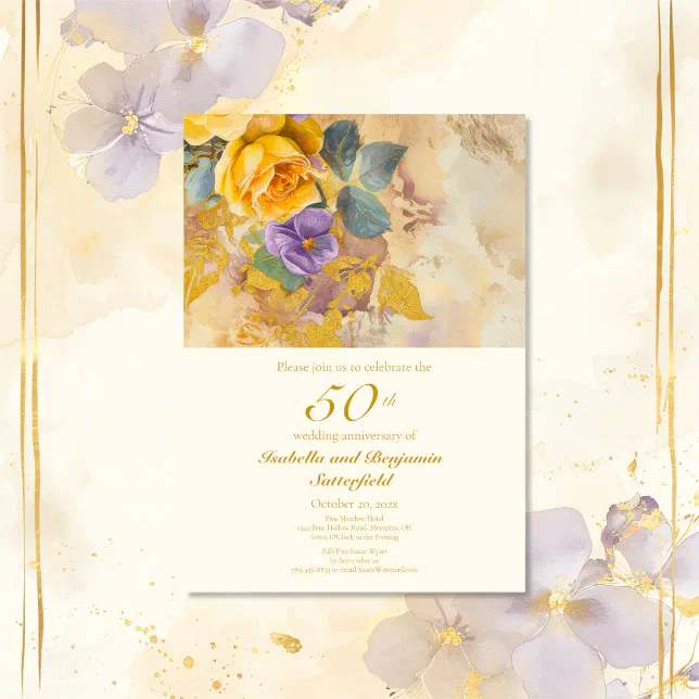 Gold Roses and Violets 50th Wedding Anniversary Invitation | Zazzle