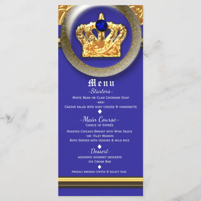 Gold & Royal Blue Crown Birthday Party Menu Card | Zazzle
