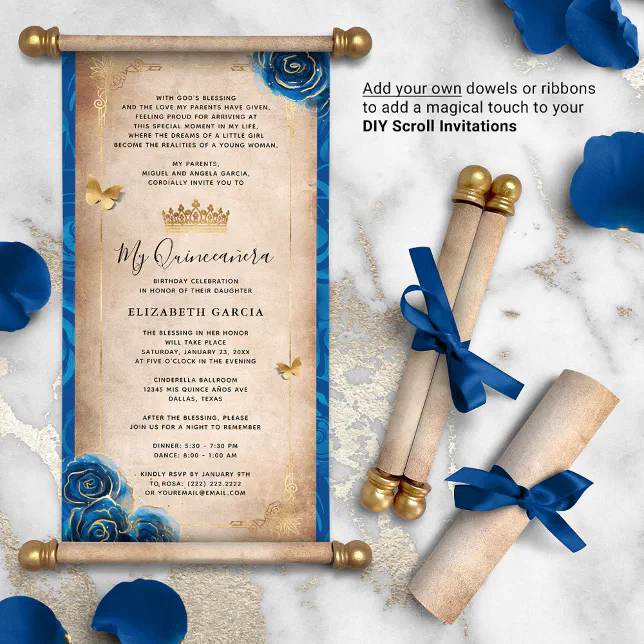Gold Royal Blue Quinceanera DIY Scroll Invitations | Zazzle