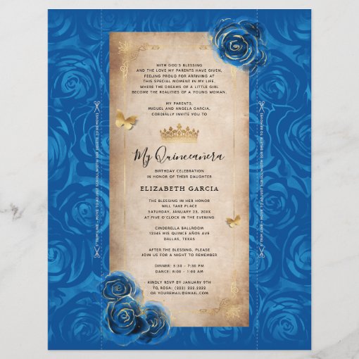 Gold Royal Blue Quinceanera DIY Scroll Invitations | Zazzle