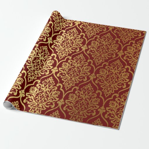 Gold Royal Damask Floral Maroon Burgundy Luxury Wrapping Paper | Zazzle