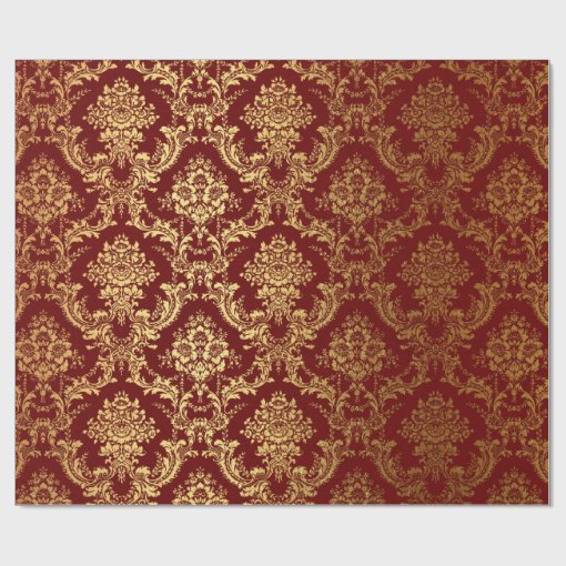 Gold Royal Damask Floral Maroon Burgundy Red Lux Wrapping Paper | Zazzle