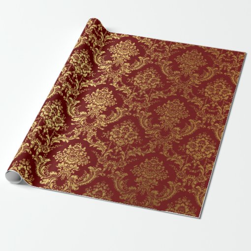 Gold Royal Damask Floral Maroon Burgundy Red Lux Wrapping Paper | Zazzle