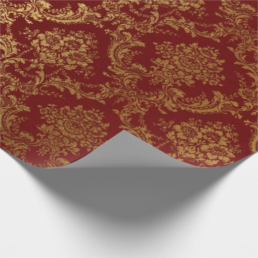 Gold Royal Damask Floral Maroon Burgundy Red Lux Wrapping Paper | Zazzle
