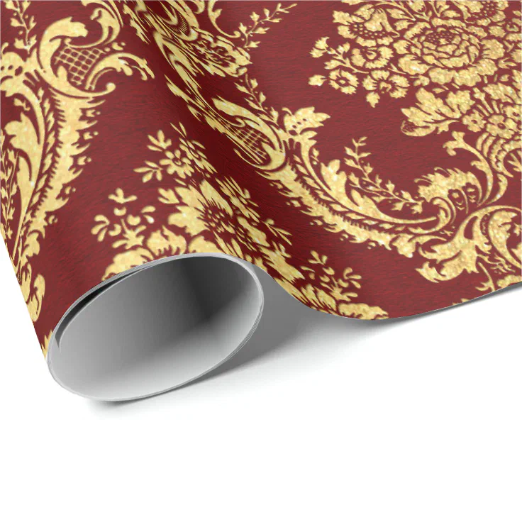 Gold Royal Damask Floral Maroon Burgundy Red Lux Wrapping Paper | Zazzle