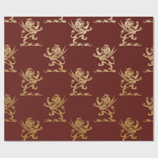 Gold Royal Lions Fairly King Maroon Red Heraldic Wrapping Paper | Zazzle