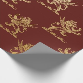 Gold Royal Lions Fairly King Maroon Red Heraldic Wrapping Paper | Zazzle