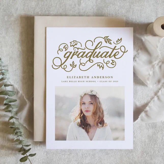 Gold Rustic Calligraphy Photo Graduation Announcement | Zazzle