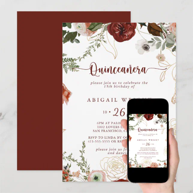 Gold Rustic Colorful Floral Quinceañera Invitation | Zazzle
