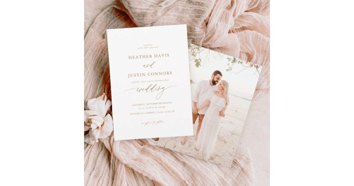 Gold Rustic Elegant Calligraphy Photo Wedding Invitation | Zazzle