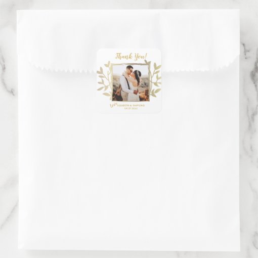 Gold Rustic Thank You Wedding Couple Photo Square Sticker | Zazzle