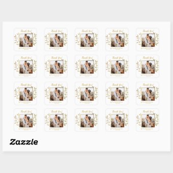 Gold Rustic Thank You Wedding Couple Photo Square Sticker | Zazzle