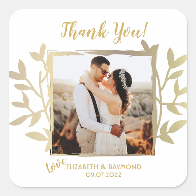 Gold Rustic Thank You Wedding Couple Photo Square Sticker | Zazzle