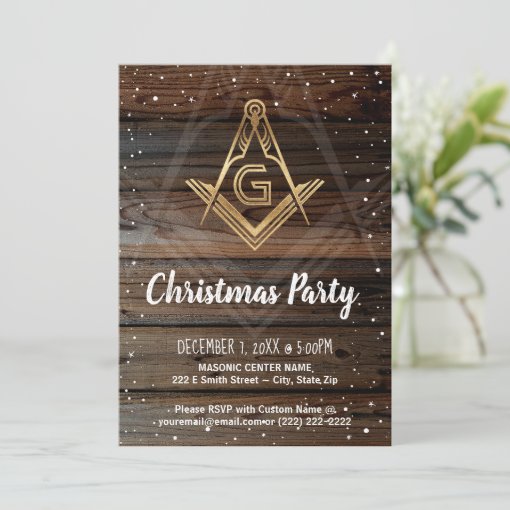 Gold Rustic Wood Holiday Masonic Christmas Party Invitation | Zazzle