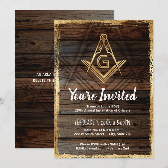 Gold Rustic Wood Masonic Invitations | Freemasonry | Zazzle