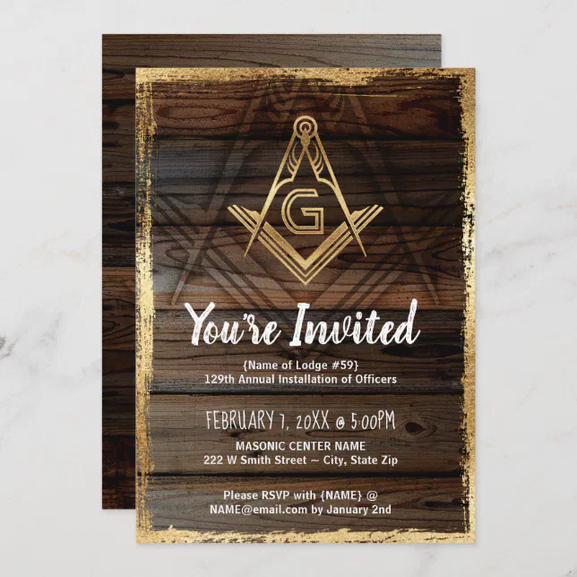 Gold Rustic Wood Masonic Invitations | Freemasonry | Zazzle