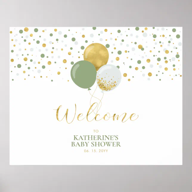 Gold & Sage Green Balloons | Baby Shower Welcome Poster | Zazzle