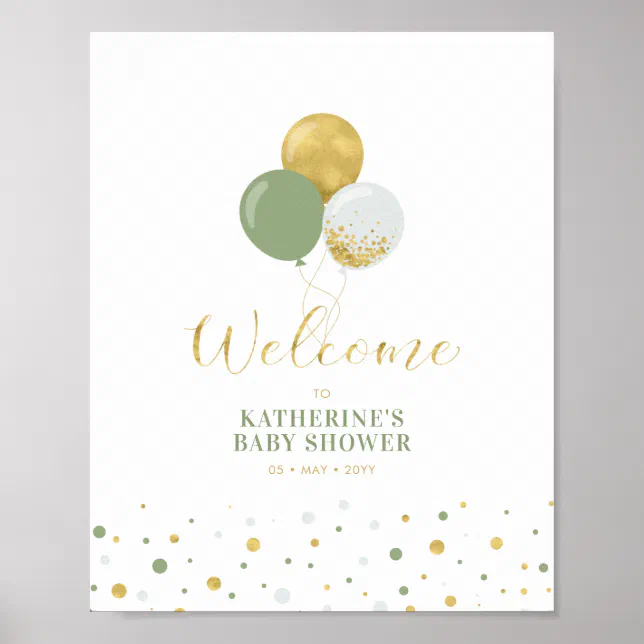 Gold Sage Green Balloons | Boy Baby Shower Welcome Poster | Zazzle
