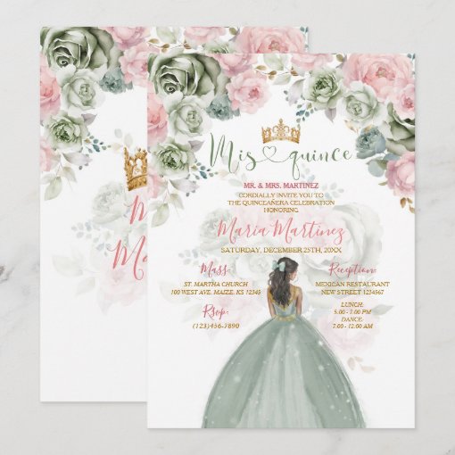 Gold Sage Green & Pink Floral Princess Mis Quince Invitation | Zazzle