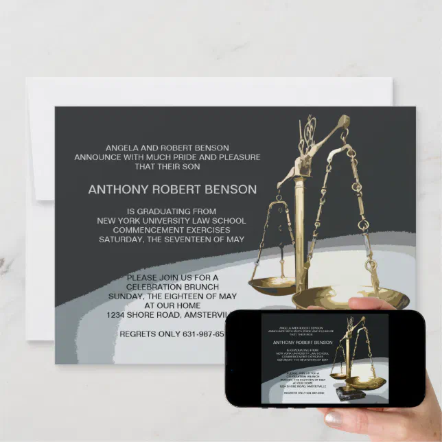 Gold Scale of Justice, Law School Graduation Invit Invitation | Zazzle