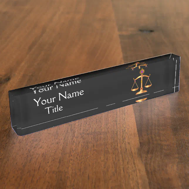 GOLD SCALES OF LAW,JUSTICE SYMBOL ATTORNEY Black Nameplate | Zazzle