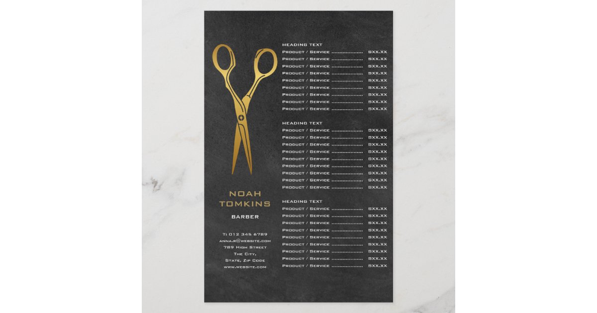 Gold Scissors Barber Chalkboard Service Menu Flyer | Zazzle