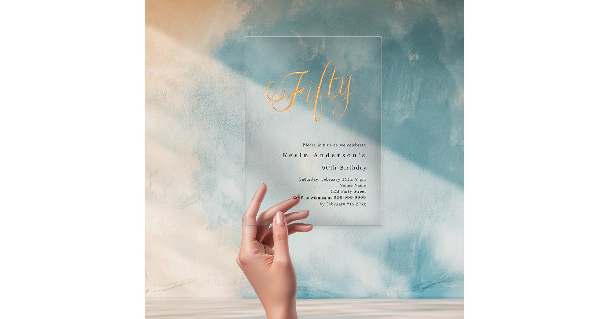 Gold script 50th birthday clear acrylic invitations | Zazzle