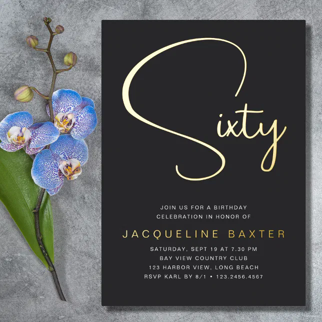 Gold Script 60th Birthday Party Foil Invitation | Zazzle