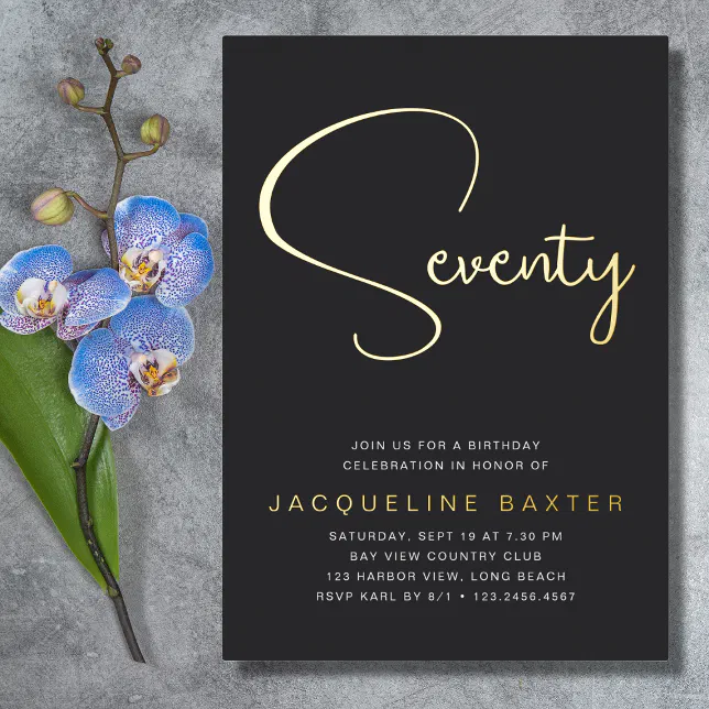 Gold Script 70th Birthday Party Foil Invitation | Zazzle