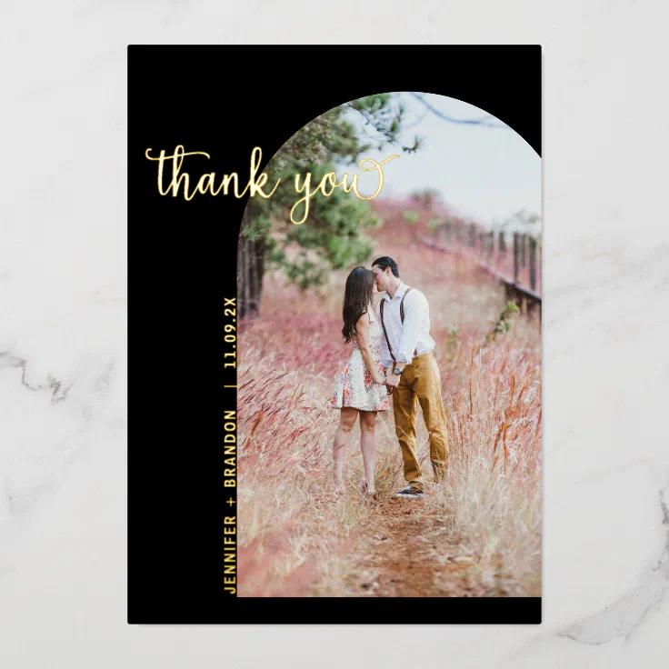Gold Script arch photo thank you Foil Card | Zazzle