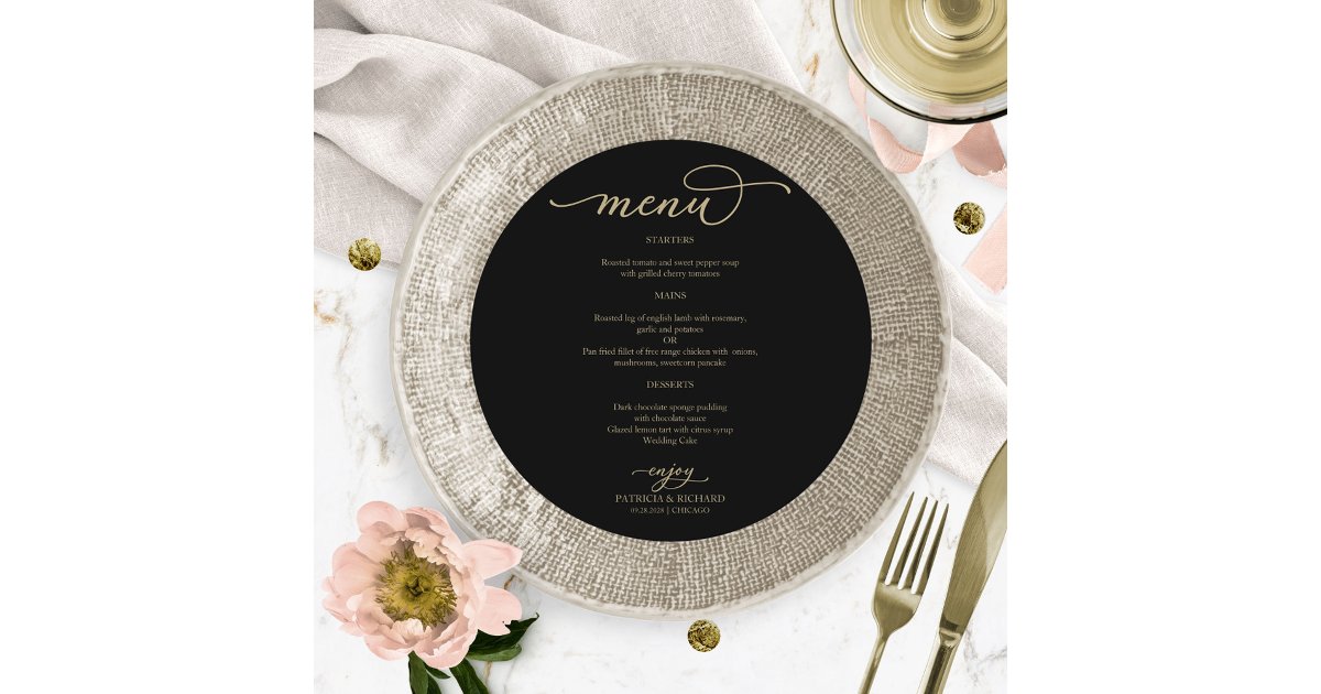 Gold Script Black Circle Menu Card For Plate | Zazzle