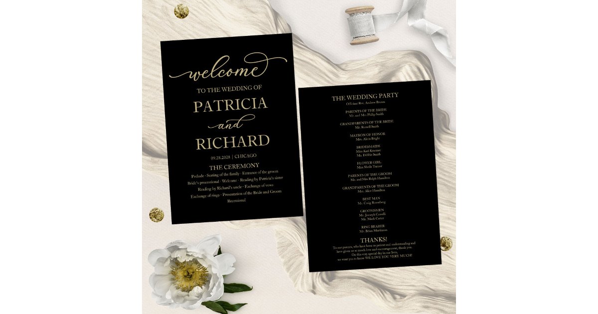 Gold Script Black Wedding Ceremony Program | Zazzle