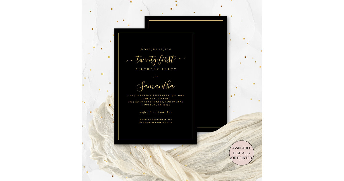 Gold Script Border 21st Birthday Party Black Invitation | Zazzle