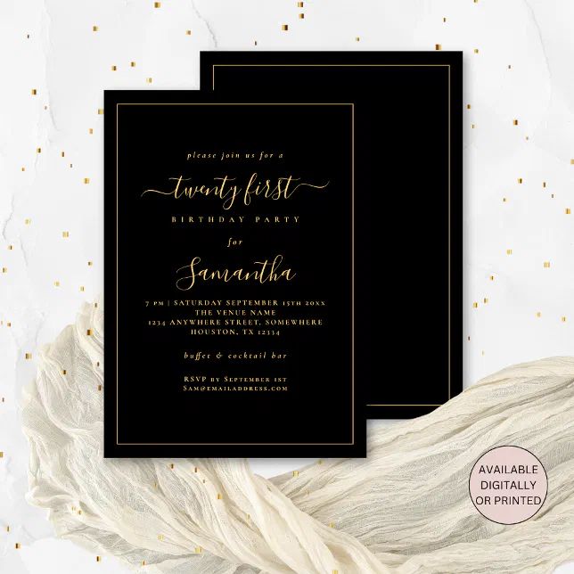 Gold Script Border 21st Birthday Party Black Invitation | Zazzle