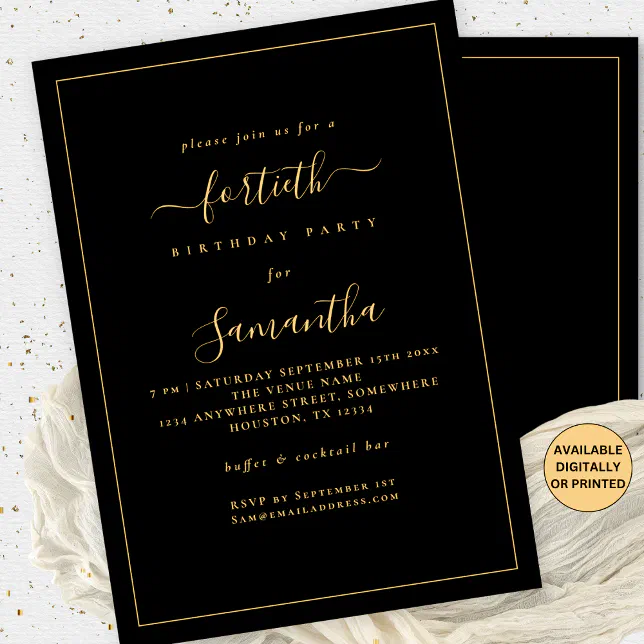 Gold Script Border 40th Birthday Party Black Invitation | Zazzle