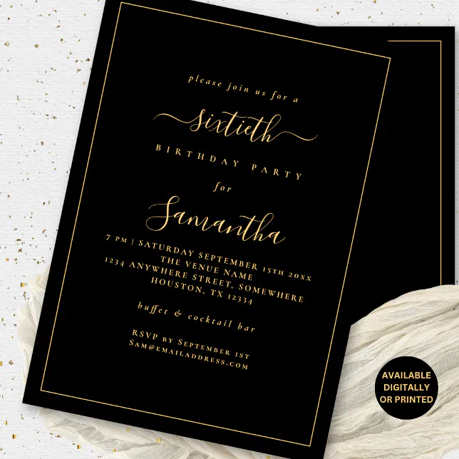 Gold Script Border 60th Birthday Party Black Invitation | Zazzle