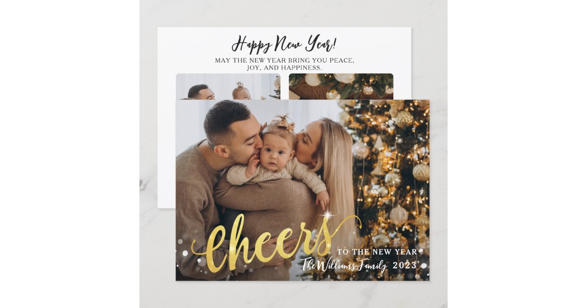 Gold Script Cheers to the New Year 3 Photo Holiday Card | Zazzle